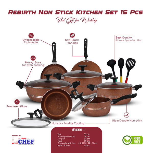 Chef Best Aluminum Non Stick Kitchen Set 15 Pcs Cookware Set – Chef ...